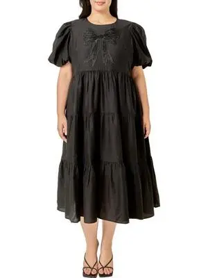 English Factory Bow Puff Sleeve Tiered Midi Dress - Black