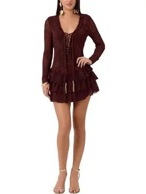 Rachel Rachel Roy Lace-up Mini Dress With Ruffled Skirt - Rum Raisin