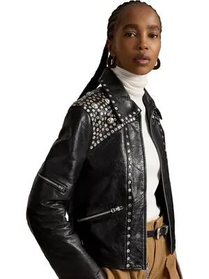 Ralph Lauren Studded Leather Moto Jacket - Black