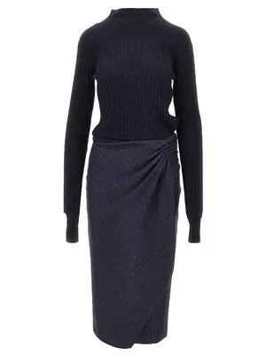 Pinko Knitted Midi Dress With Pinstriped Skirt - Blue