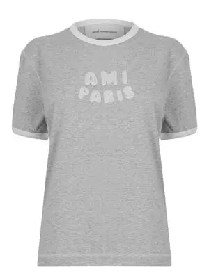 AMI Paris Ami Paris Crewneck T-Shirt With Contrast Trim And Raised Graphic Gray