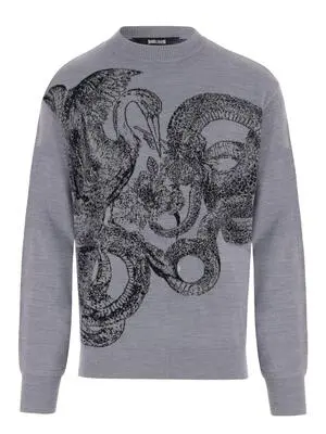 Just Cavalli Printed Wool-blend Crew Neck Sweater - Grey