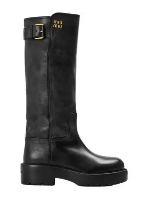 Miu Miu Knee High Leather Boots With Platform Sole - Black