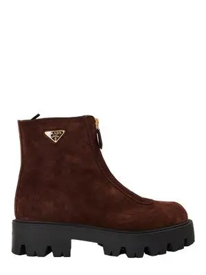Prada Suede Block Heel Ankle Boots - Brown