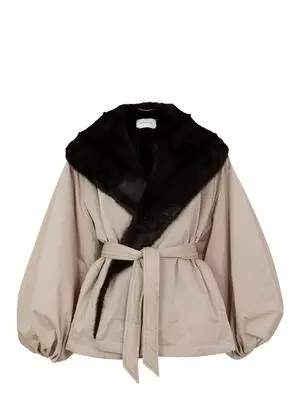 Magda Butrym Beige Wrap Jacket With Fur Trimmed Collar And Balloon Sleeves - Nude