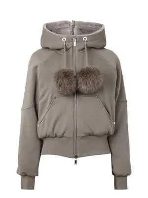 Moose Knuckles Cropped Zip-up Hoodie With Fur Pompoms - Gray