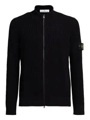 Stone Island Ribbed Knit Zip-up Sweater - Black