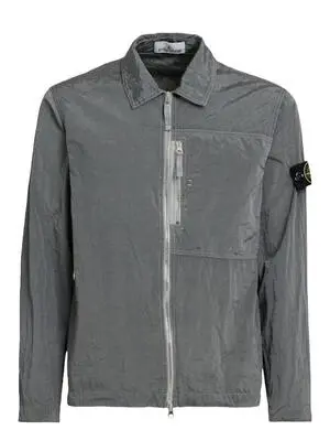 Stone Island Front Zip Shirt With Sleeve Logo Patch - Gray