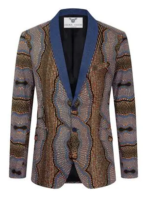 OHEMA OHENE Denim Shawl Collar African Print Blazer - Blue