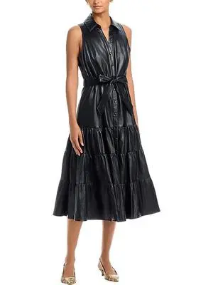 T Tahari Faux Leather Tiered Midi Dress - Black