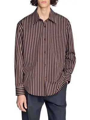 Sandro Flared Fit Stripe Cotton Shirt - Chocolat