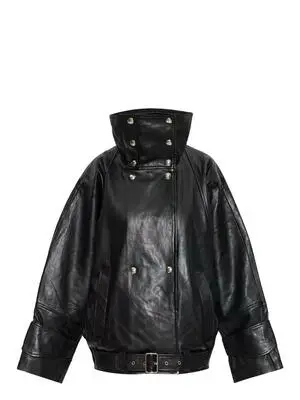 IRO PARIS Rubis Leather Jacket With Funnel Neck And Belted Waist - Black