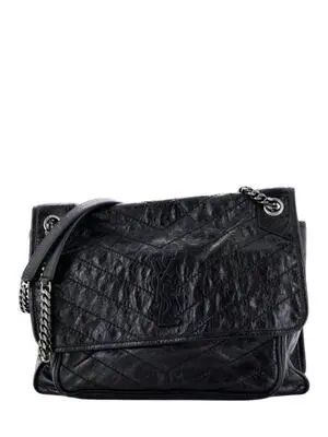 Saint Laurent Niki Chain Flap Bag Matelasse Chevron Leather Large Shoulder Bag - Black