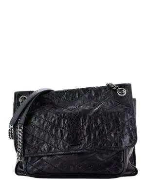 Saint Laurent Niki Chain Flap Bag Matelasse Chevron Leather Large Shoulder Bag - Black