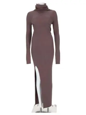 Rick Owens Ribbed Wool Turtleneck Gown With Side Slit - Pink