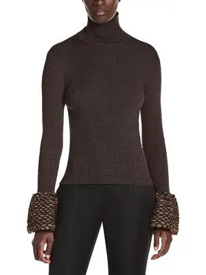 Alexander McQueen Wool Ribbed Turtleneck Sweater With Feathered Cuffs - Brown