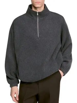 Sandro Stand Collar Half Zip Fleece Sweatshirt - Dark Grey