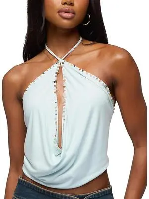 EDIKTED Stone Embellished Halter Top - Aqua