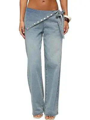 EDIKTED Button Foldover Low Rise Baggy Jeans - Light-blue