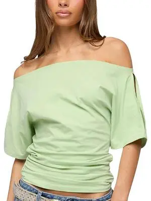 EDIKTED Feng Ruched Off Shoulder Cutout Top - Sage