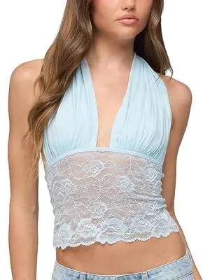 EDIKTED Eloria Lace Flutter Tie Top - Light-blue