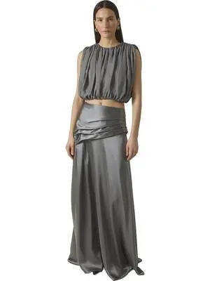 HEIRLOME Shirred Bubble Drape Silk Georgette Crop Top Pewter