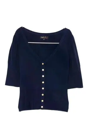 AGNES B. Navy Cotton Fine Knit V-neck Button-up Top With Puffed Shoulders - Blue