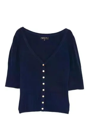 AGNES B. Agnès B. Navy Blue Cotton Fine Knit V-Neck Button-Up Top With Puffed Shoulders