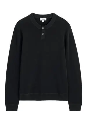 Cos Knitted Cotton Henley Sweater - Black