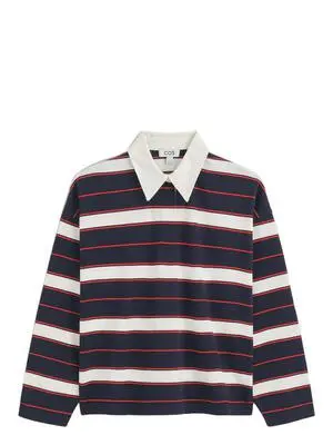 Cos Striped Cotton Rugby Shirt With Contrasting Collar - Navy