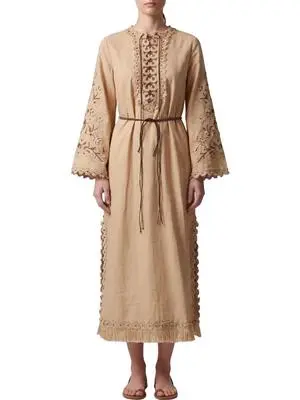 Zimmermann Mahon Embroidered Cotton Midi Tunic With Kimono Sleeves - Beige