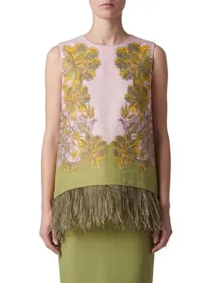 La DoubleJ La Scala Floral Print Stretch-cotton Top With Fringes - Pink