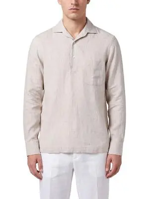 LARDINI Pure Linen Shirt With Cuban Collar And Long Sleeves - Beige