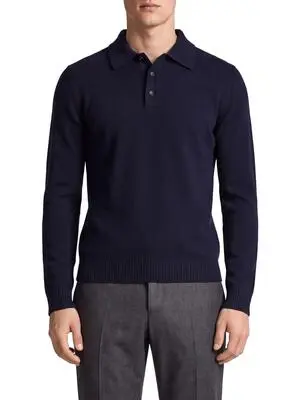 ROBERTO COLLINA Merino Wool And Cashmere Long-sleeved Knit Polo Shirt - Blue