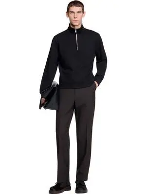 Sandro Boxy Zip Sweater With Standing Collar - Black