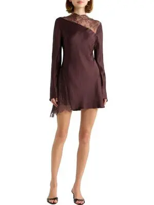Shona Joy Allgra Asymmetric Lace Panel Charmeuse Minidress - Espresso