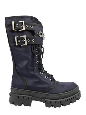 MADISON MAISON Chain Detail Buckled Combat Boots - Navy