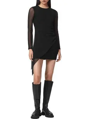 ALLSAINTS Riley Sheer Sleeve Mesh Panel Draped Mini Dress - Black