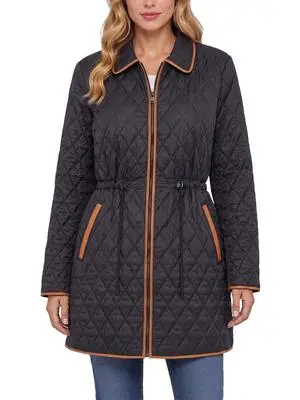 LIVERPOOL Quilted Coat With Faux Leather Trim And Drawstring Waist - Black
