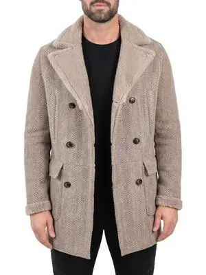 MACEOO Captain Herringbone Genuine Shearling Peacoat - Beige