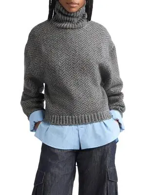 Gabriela Hearst Courtney Cashmere Herringbone Tweed Turtleneck Sweater - Charcoal Multi