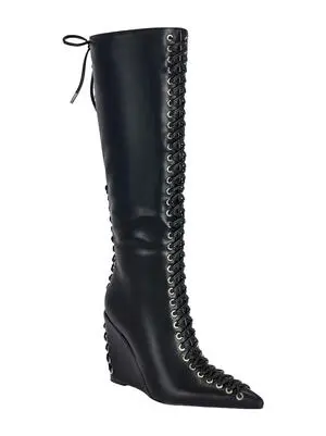 AZALEA WANG Thaumus Lace-up Wedge Knee-high Boots - Black