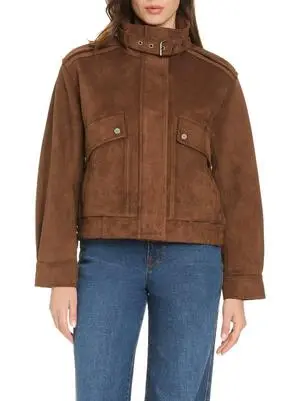 Sanctuary Faux Suede Bomber Jacket With Stand Collar - Caramel