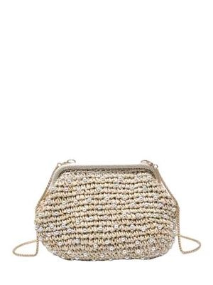URBAN EXPRESSIONS Pearl Embellished Woven Clutch With Chain Strap - Ivory