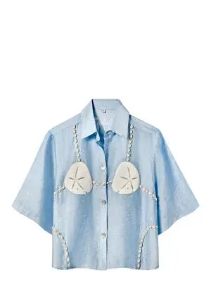 TOMBOLO Sand Dollar Embellished Relaxed Crop Cabana Top - Blue