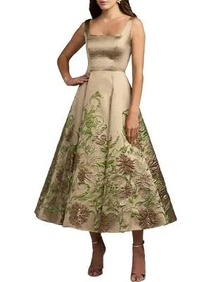 Mac Duggal Embroidered Floral Jacquard A-line Midi Dress - Gold