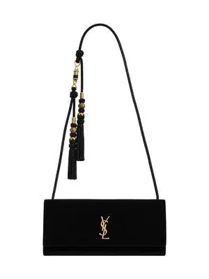 Saint Laurent Kate Velvet Clutch With Gold-tone Tassels - Black