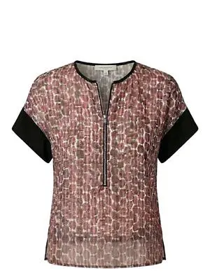 CONQUISTA Elegant Printed Zip-front Blouse With Contrast Sleeves - Black