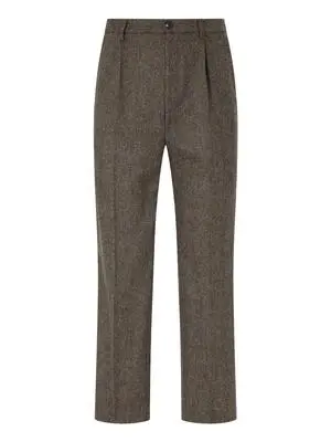 Portuguese Flannel Wool Herringbone Trousers - Brown