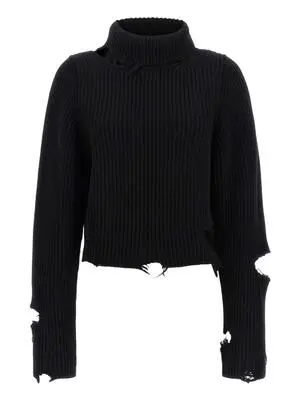 HAIKURE Haikure Distressed Cropped High Neck Knit Sweater Black